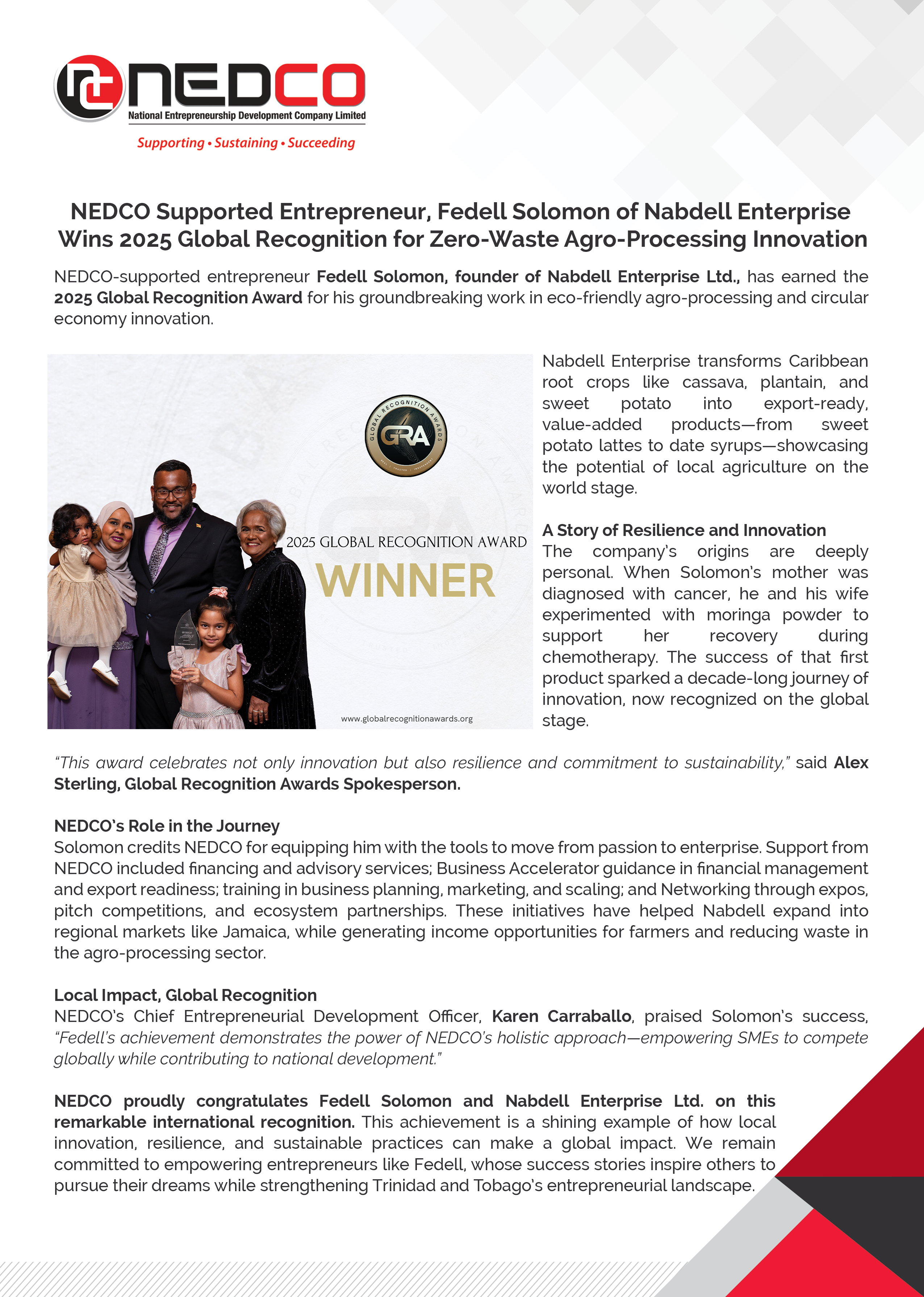 NEDCO Supported Entrepreneur, Fedell Solomon of Nabdell Enterprise Wins 2025 Global Recognition ...